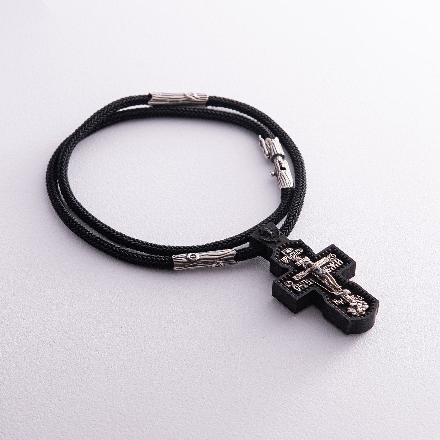 Silver cross "Crucifixion. Save and Protect" on a cord (ebony wood ...